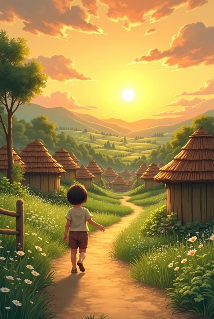 A peaceful, colorful village surrounded by fields, under a golden ...