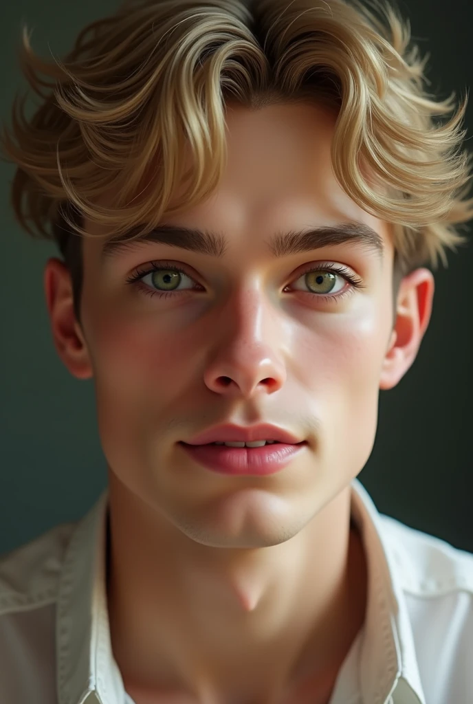A man in his twenties, with blonde and wavy hair, a bumpy nose and ...