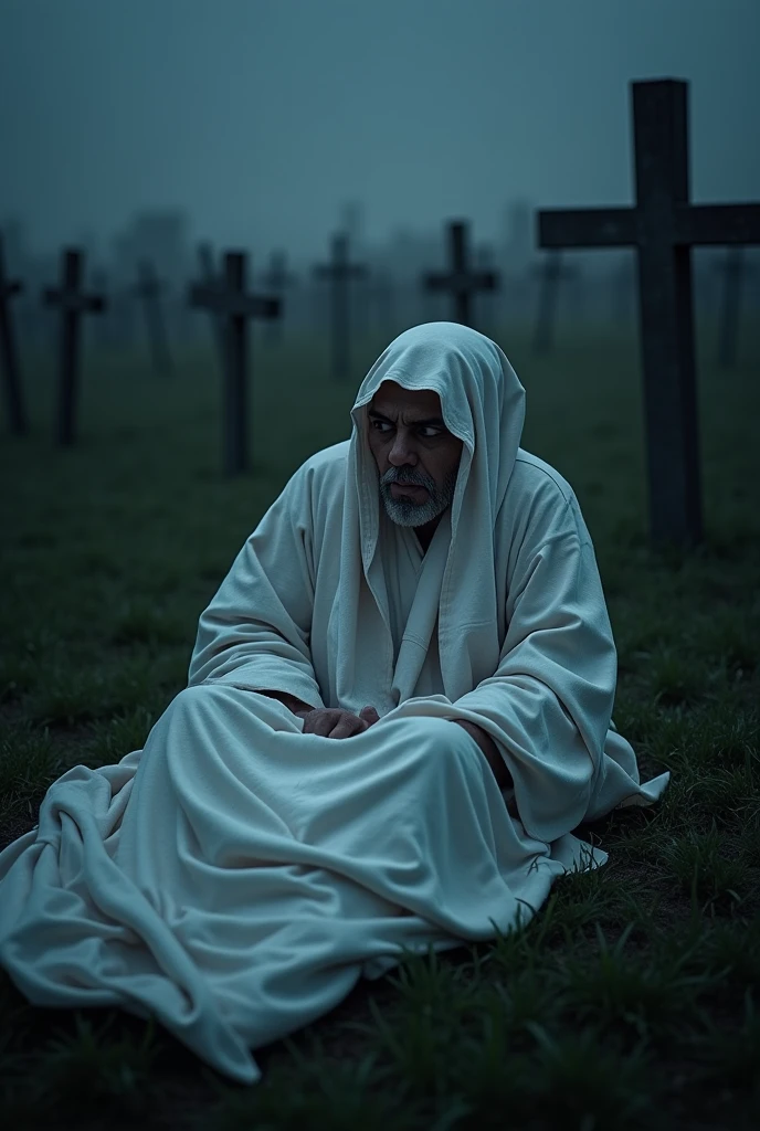 A dead person is in the grave, wearing a white shroud, looking right ...