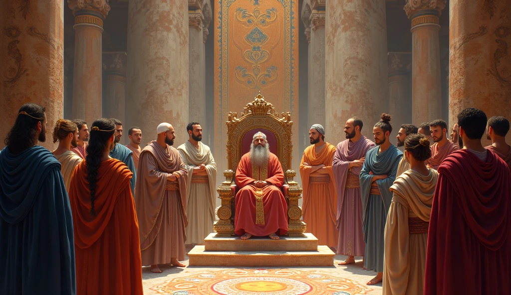 Ancient king's court with a clever minister and king, surrounded by ...