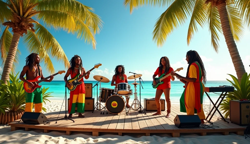 A lively reggae band performing on a small wooden stage by the beach ...