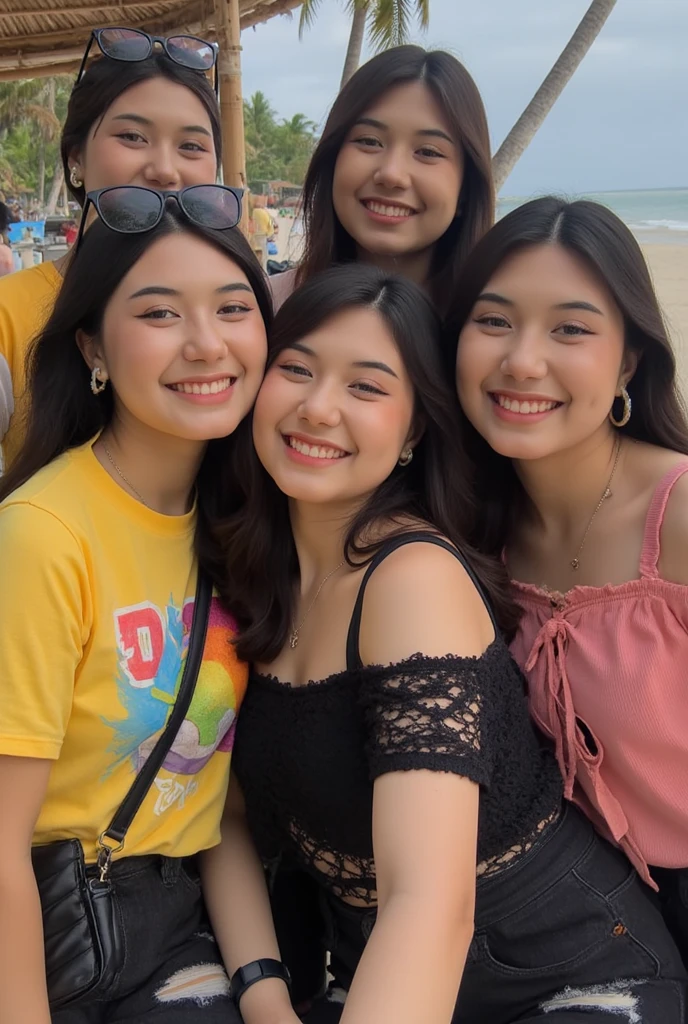 5 Beautiful Asian girls,glasses over the head,jenaka yellow t - SeaArt AI