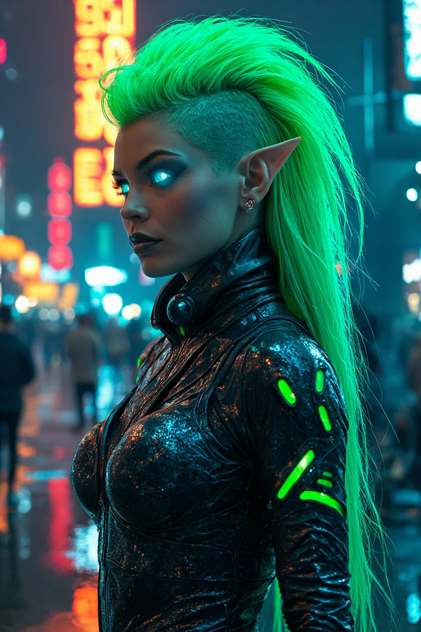 Design a mystical cyberpunk elf: luminous green hair in a sharp gothic ...