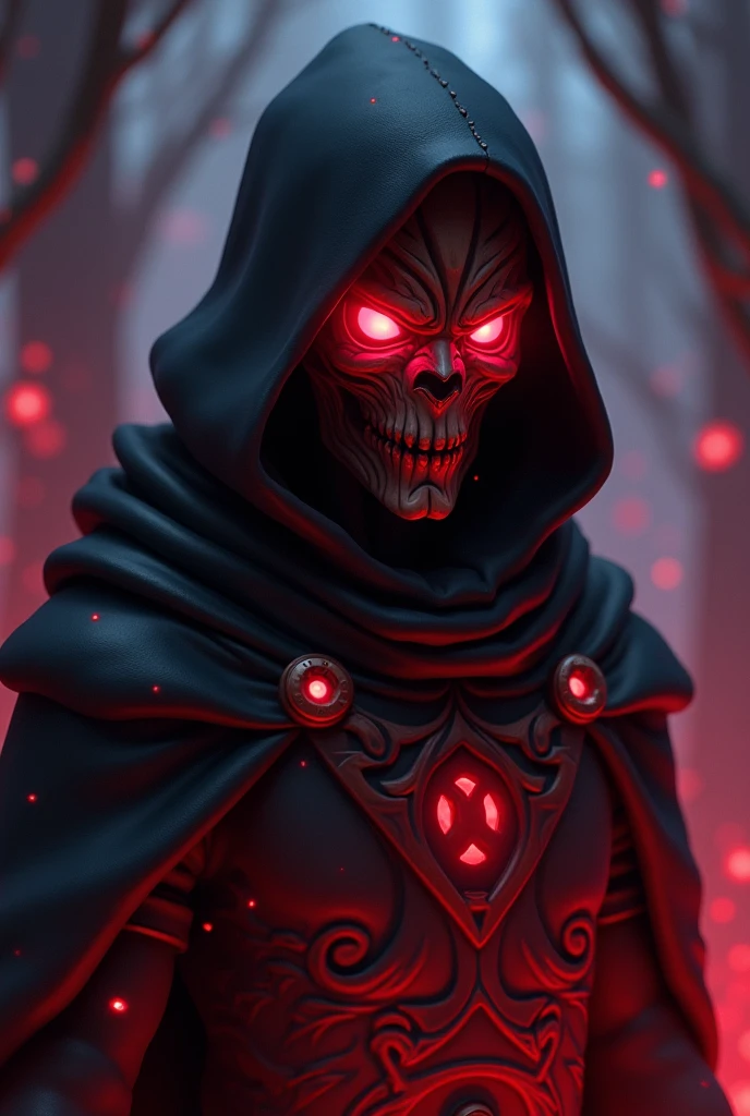 A dark wizard, with a hood and creepy dark red tunic, carved wooden ...