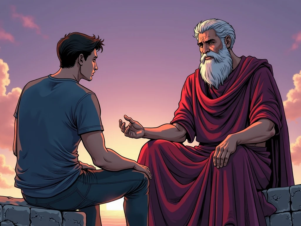 A comic-style scene showing a powerful interaction: a modern man ...