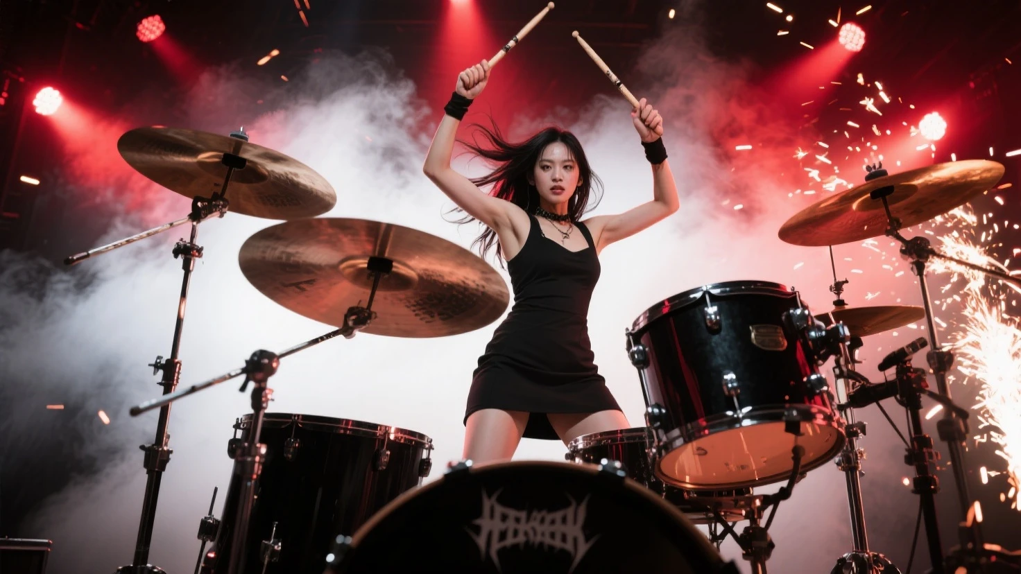 Korean female heavy metal drummer, captured from a low angle - SeaArt AI