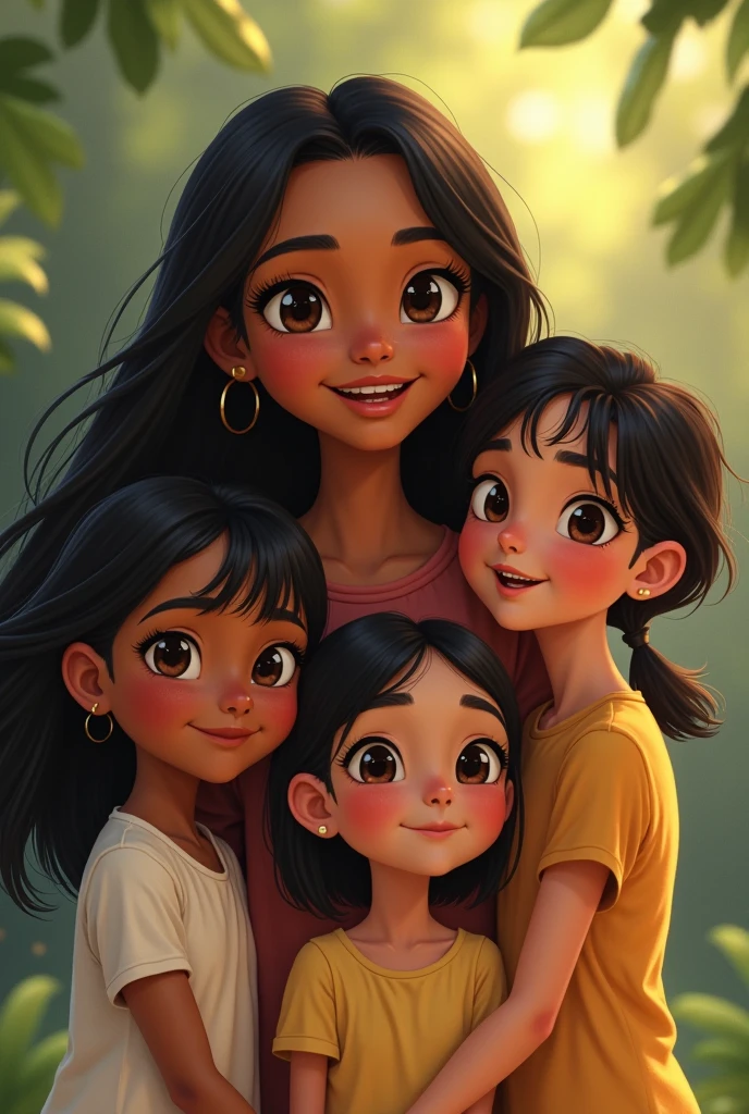 A mother with cinnamon skin and straight and black hair with her three ...