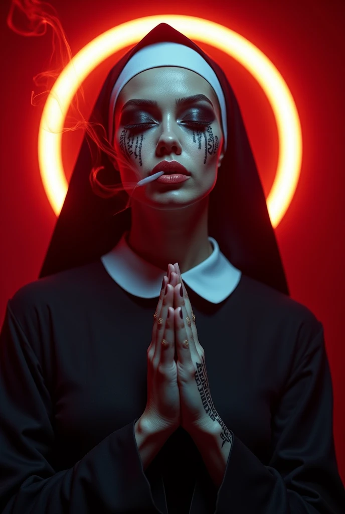 A surrealist, futuristic nun with a shiny neon halo behind her head ...