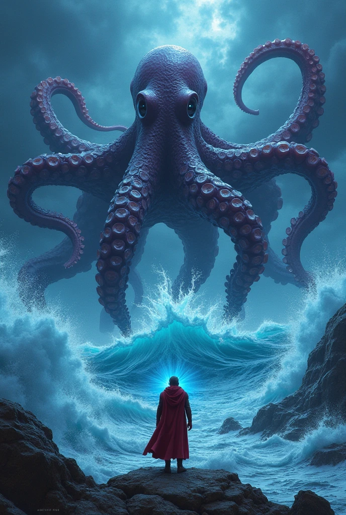 Illustrate Magneto standing above a stormy ocean, staring intensely at ...