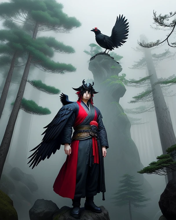 High quality、real、forest、fog、Sky God、Crow、Tengu、cool、red - SeaArt AI