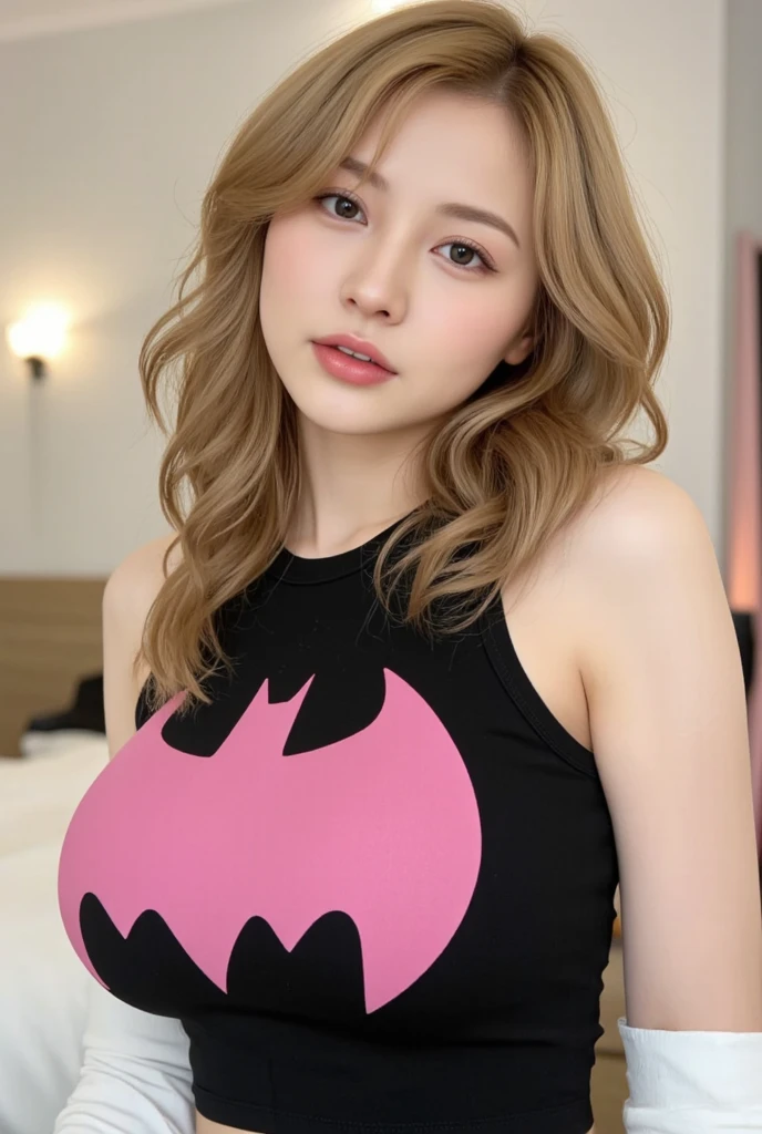 blond woman 、curly hair、long hair、Pink Batman Black Top, real art style ...
