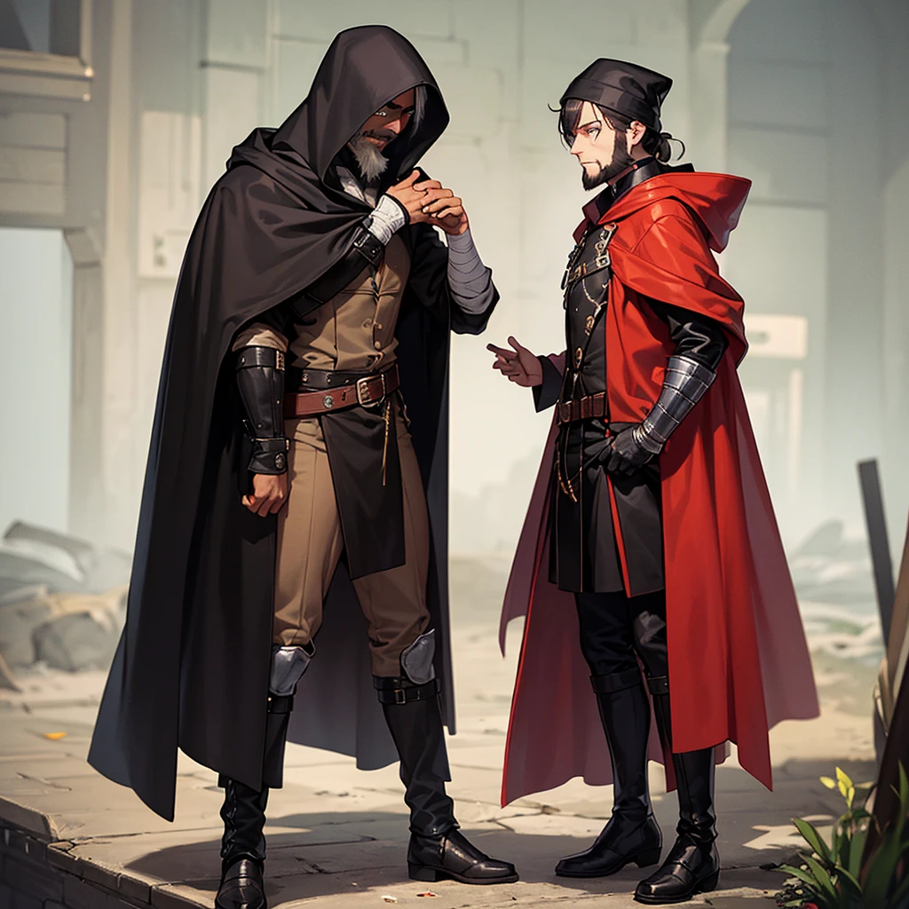 A cloaked figure wearing a dark hooded cape, traveler’s attire with a ...