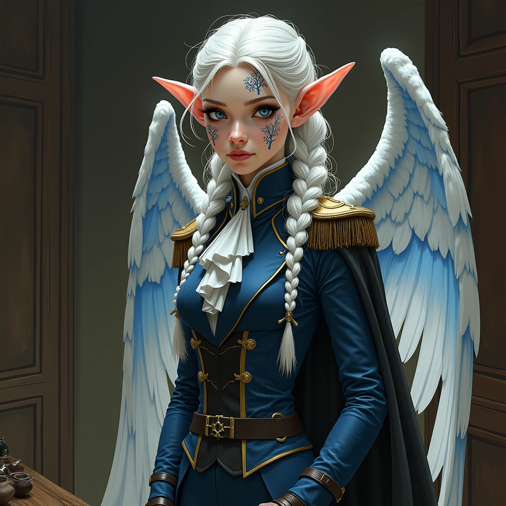 In the shadows of a rustic office, a winged elf with delicately braided ...