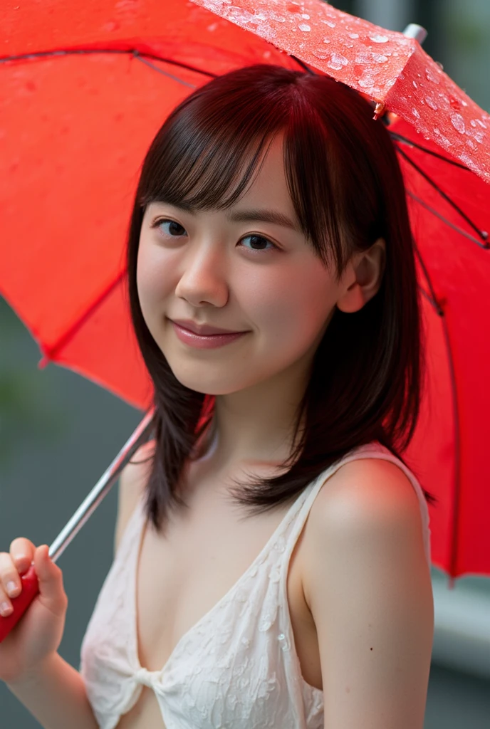 It's raining、Ashida Mana is standing with a red umbrella、((white micro bikini - SeaArt AI