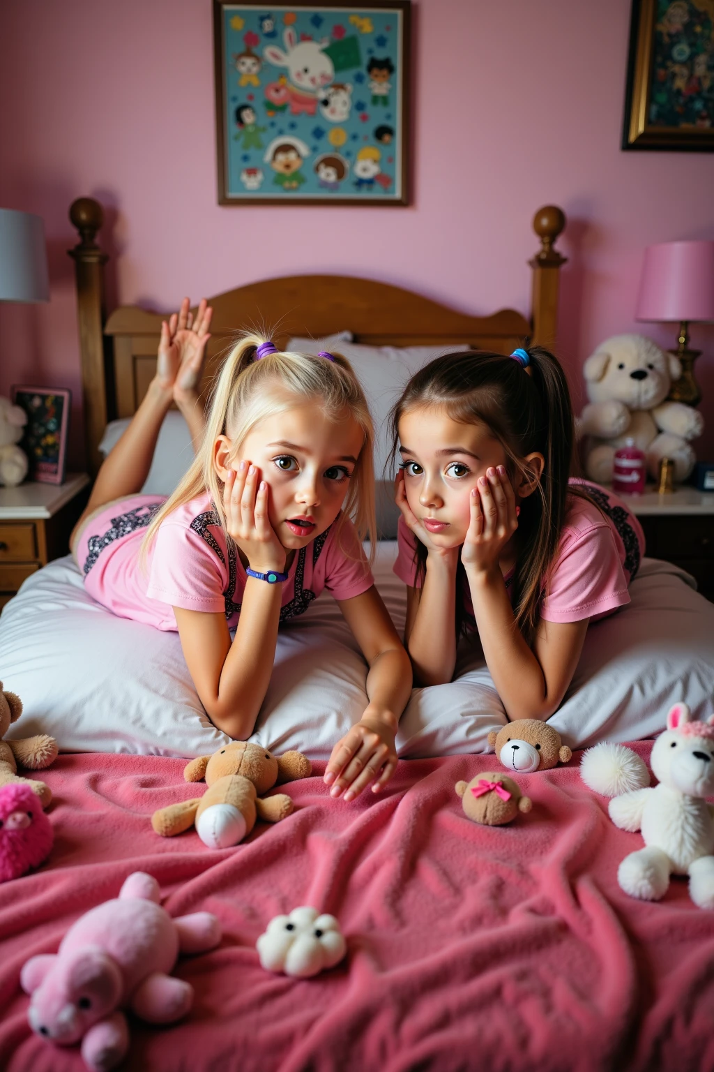 Jojo siwa and jojo siwa side by side, tired, in her room, one laying on ...
