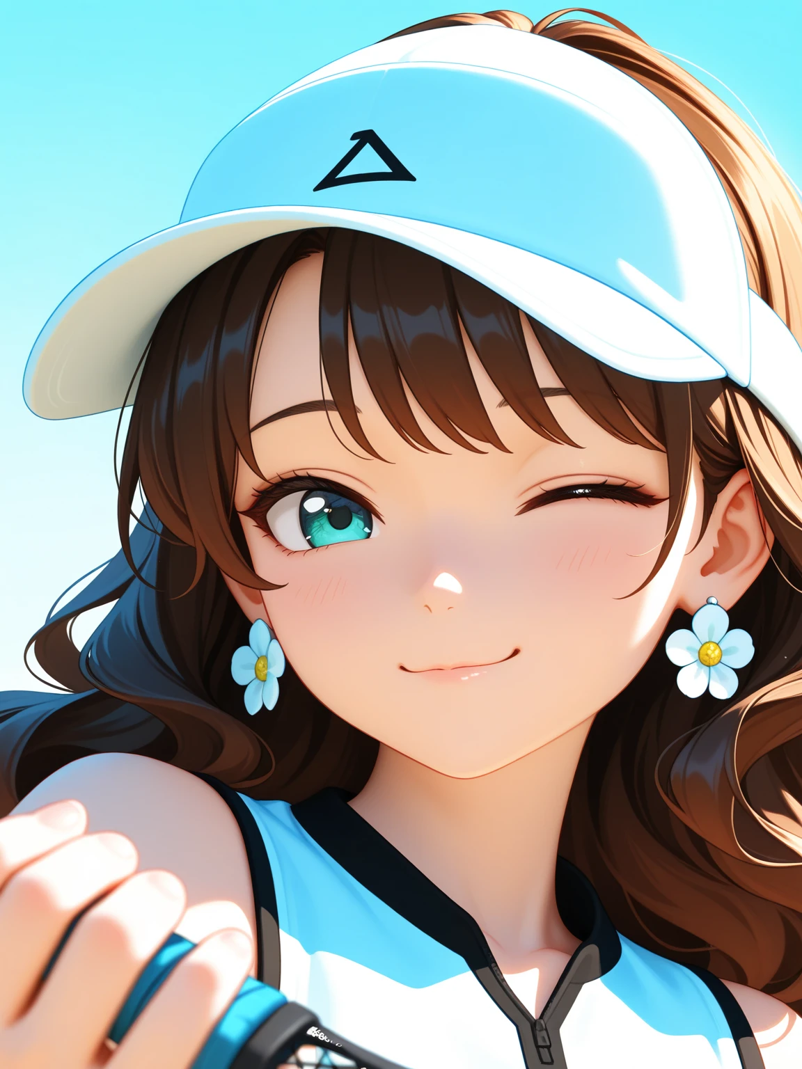 A cute cartoon girl, anime style, holding a tennis racket, whimsical ...