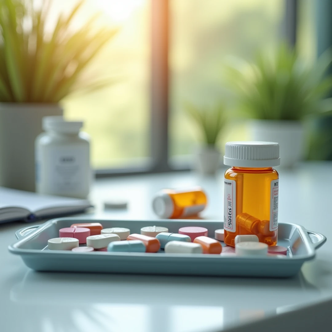A medication tray with antidepressants and blood pressure pills beside ...