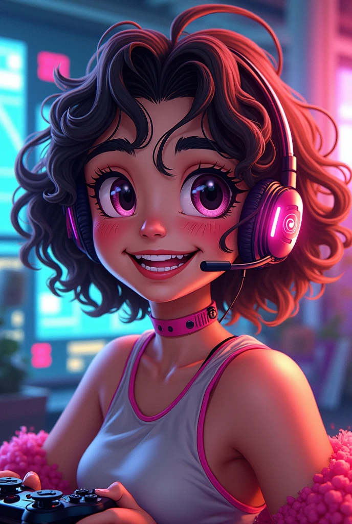 Curly 2D gamer girl - SeaArt AI