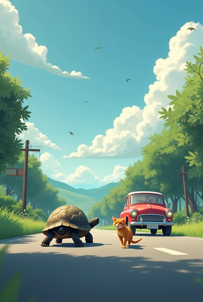A turtle is slowly walking along a road. From the opposite direction ...