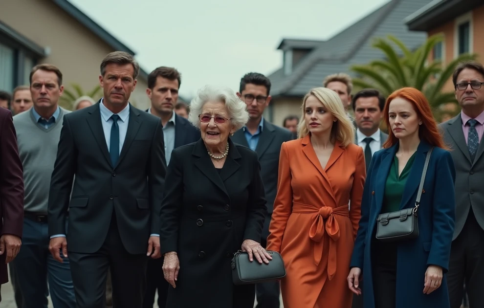 People at a funeral coffin, (an elderly widow in a black dress - SeaArt AI