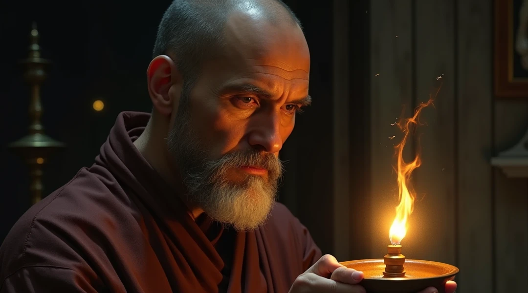 The monk stared intently at an oil lamp, faint rays reflected in the ...