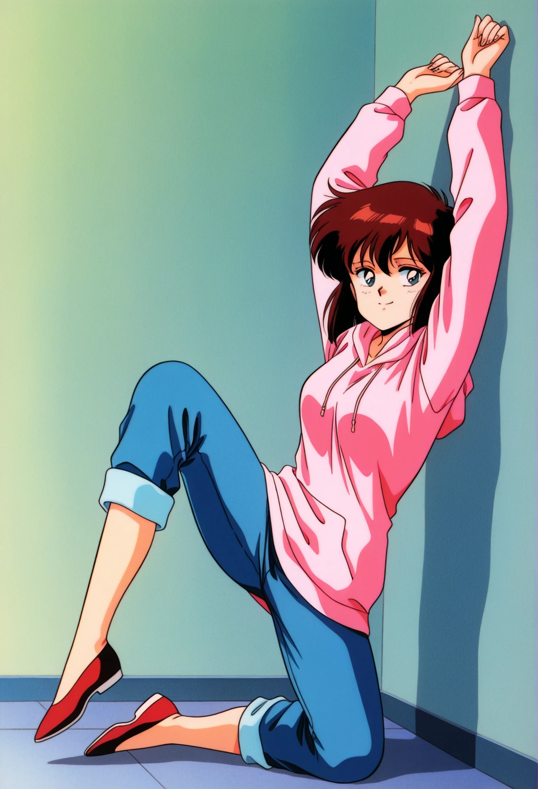 Pink Hoodie,anime girl,on one knee,stretch one leg ,, which is above ...