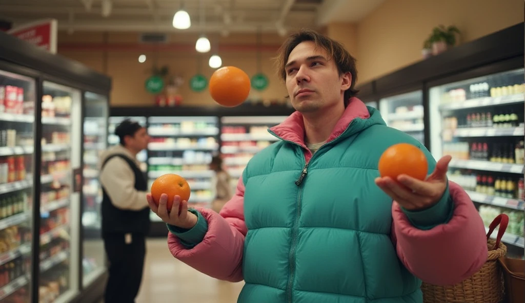 A funny 4K photo of vasendinash at a grocery store, juggling three ...