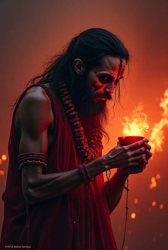 A headless Aghori sadhu in shadowy lighting, his bloody neck stump ...