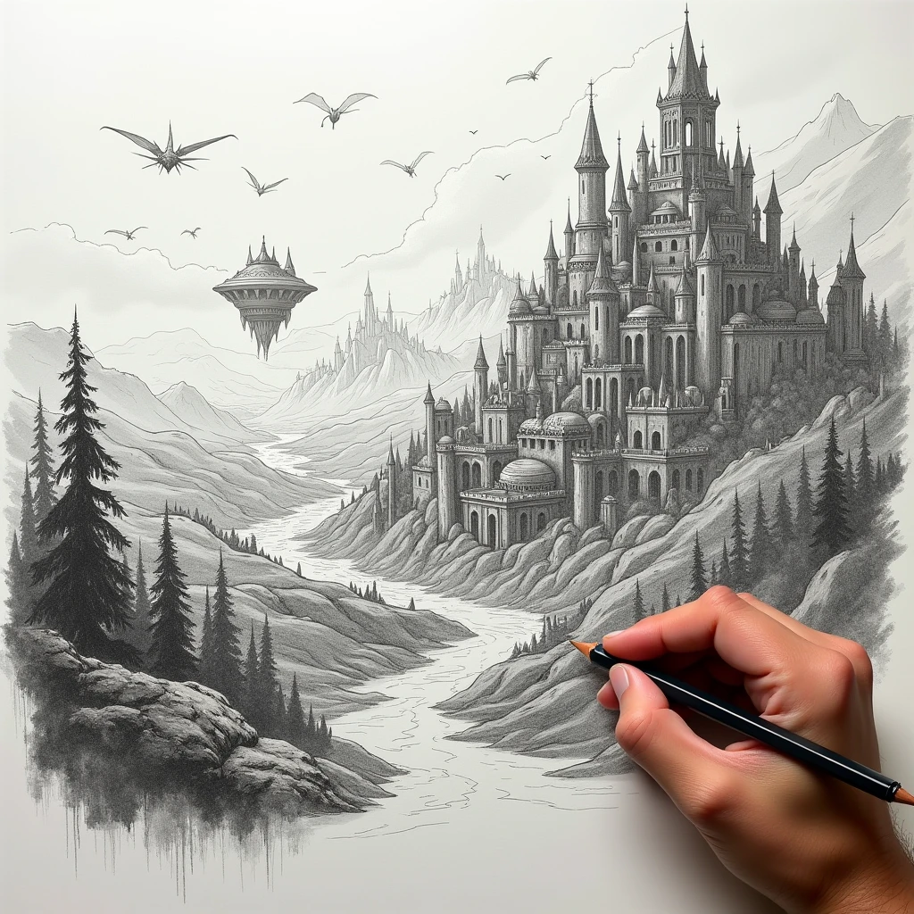 "Create a hand-drawn sketch-style poster of a fantasy gaming landscape ...