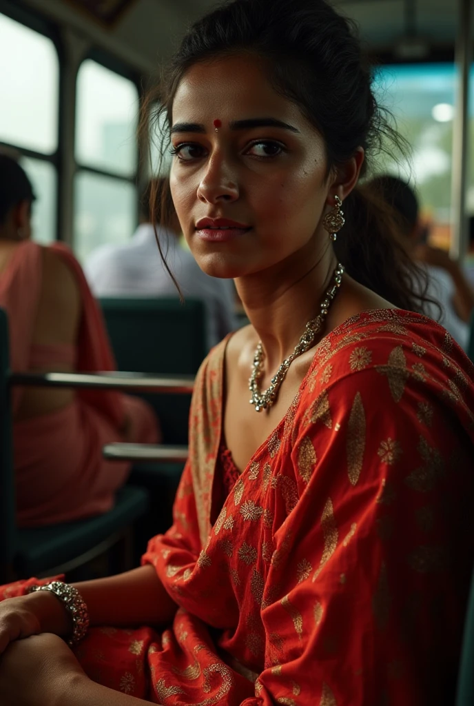 Detailed Realistic photo,indian woman is inside a bus ,she is wearing a ...