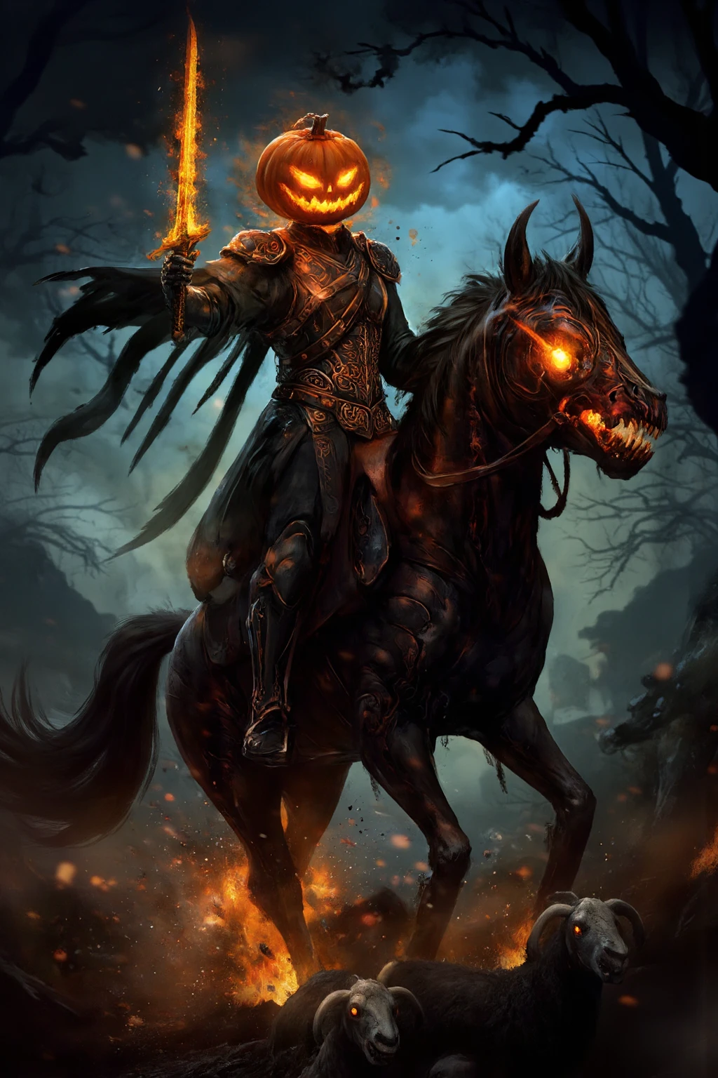 Headless Horseman, cleaving ember sword, fancy skeleton armor - SeaArt AI