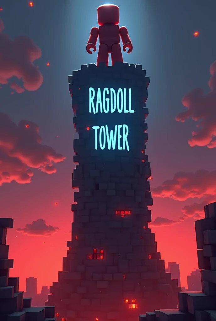 I want a roblox noob standing on a tower made of blocks and about to ...