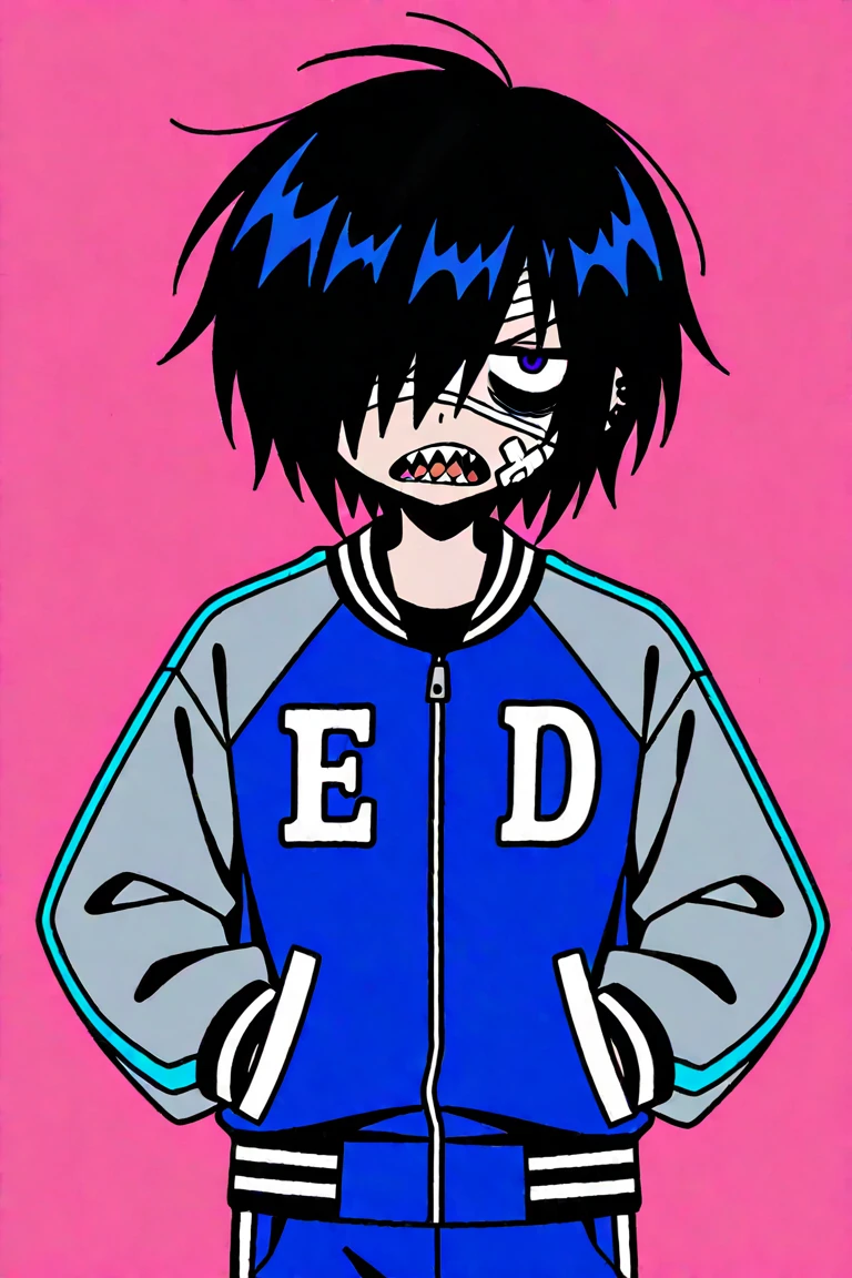 Emo , hair covering one eye, bags under eyes, angry, sharp teeth ...