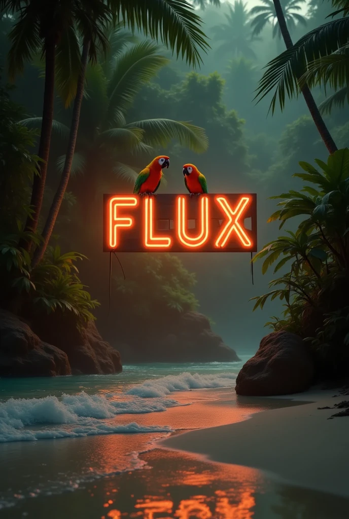 "Secret beach hidden by lush jungle, neon 'FLUX Exotic v1' sign glowing ...