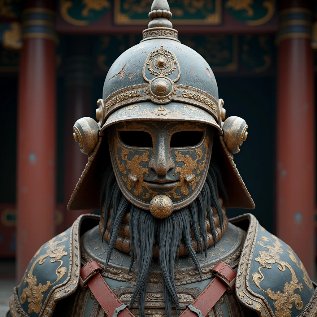 A practical Western-style iron cheek guard hangs from an ancient ...