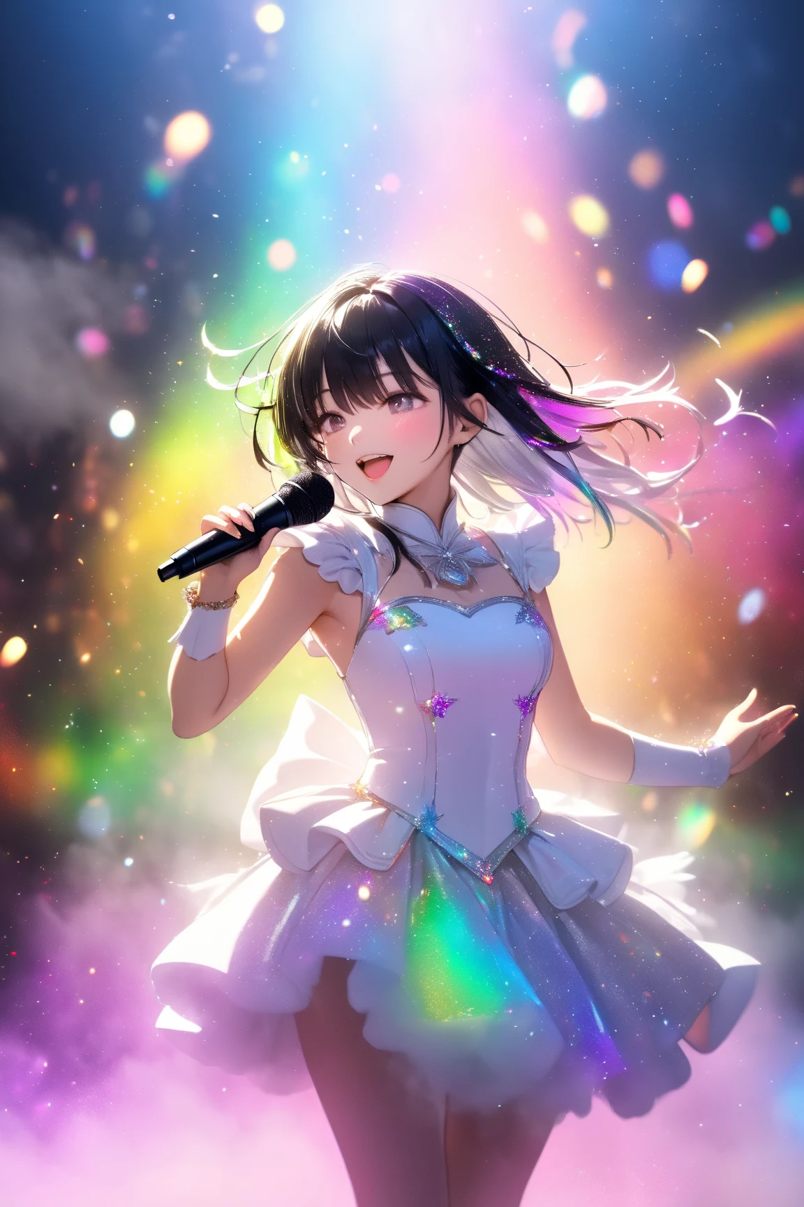 Beauty with medium black hair "Haruna" , Singing in a white idol costume - SeaArt AI