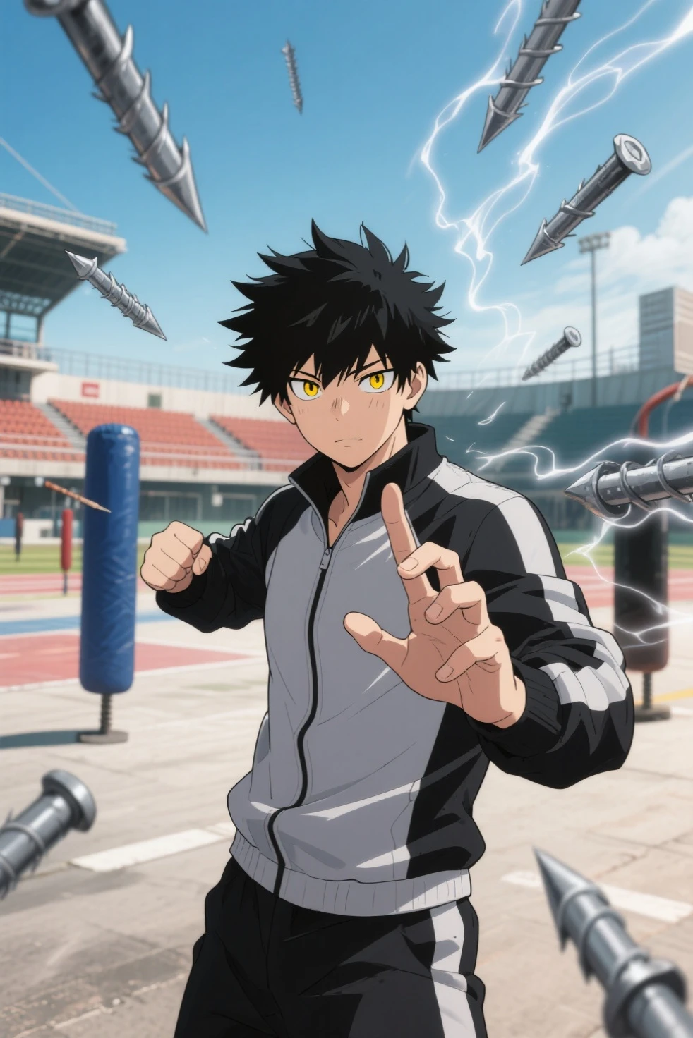 Training stadium on the street, The guy in the Fight, Medium black hair ...
