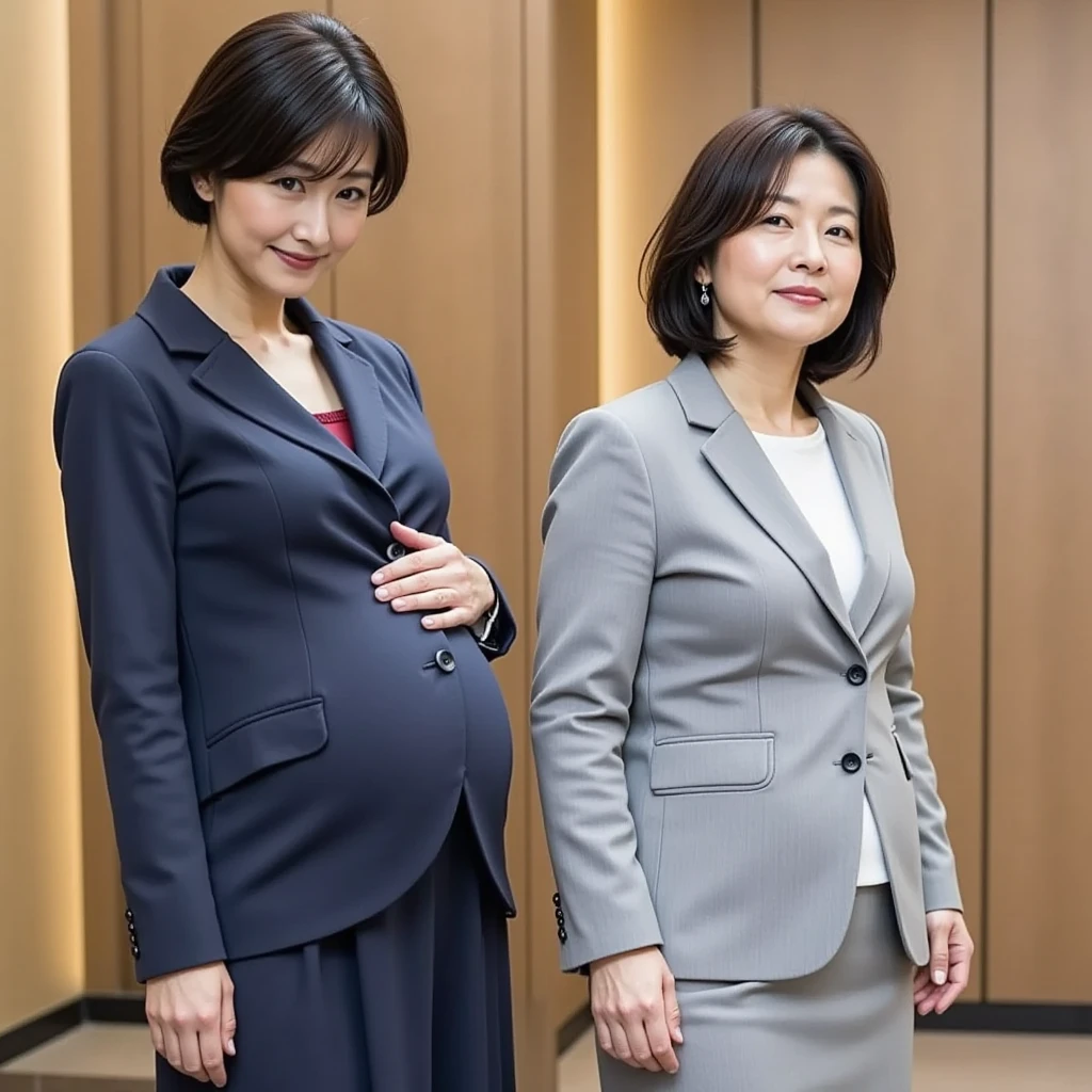Two pregnant Japanese adult women in their 50s wearing short dresses ...