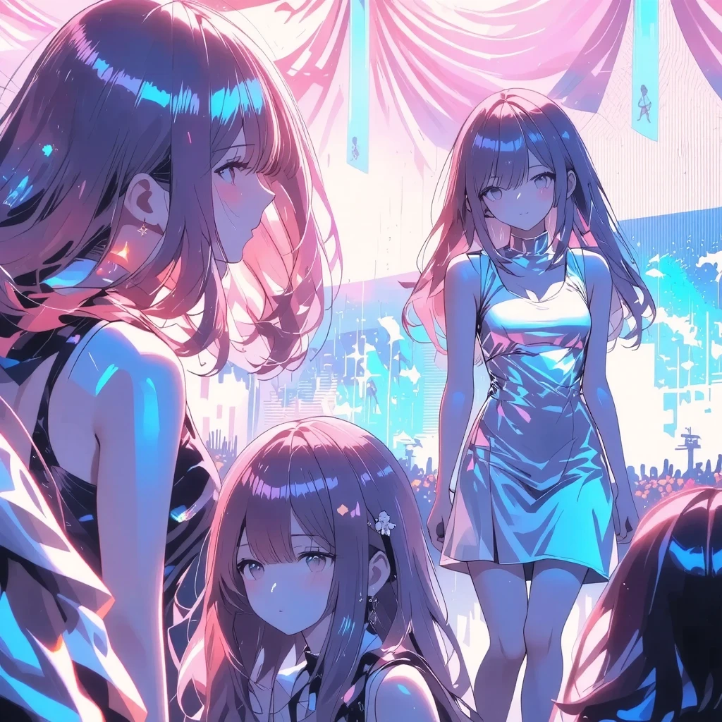 A futuristic night music festival, neon lights everywhere, holographic ...