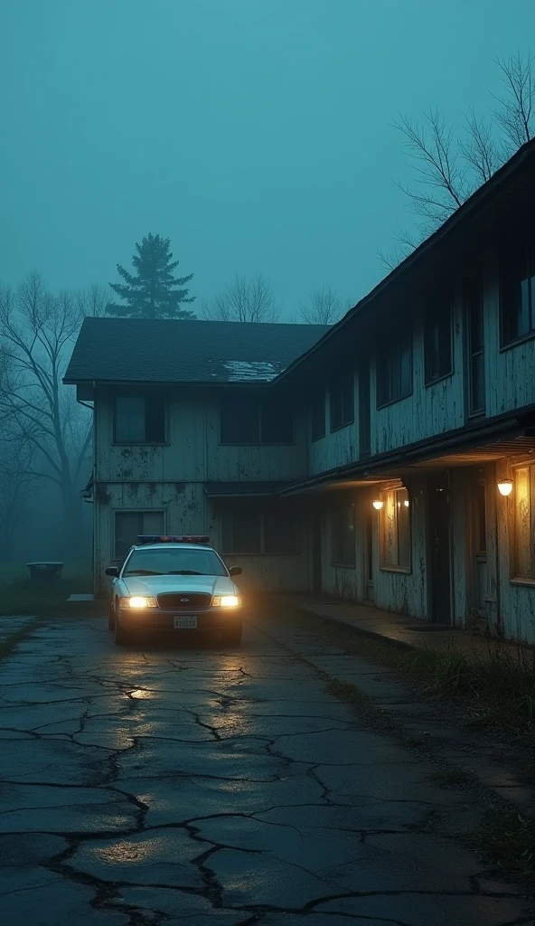 An old, crumbling motel at night, hidden in thick fog. Shattered ...