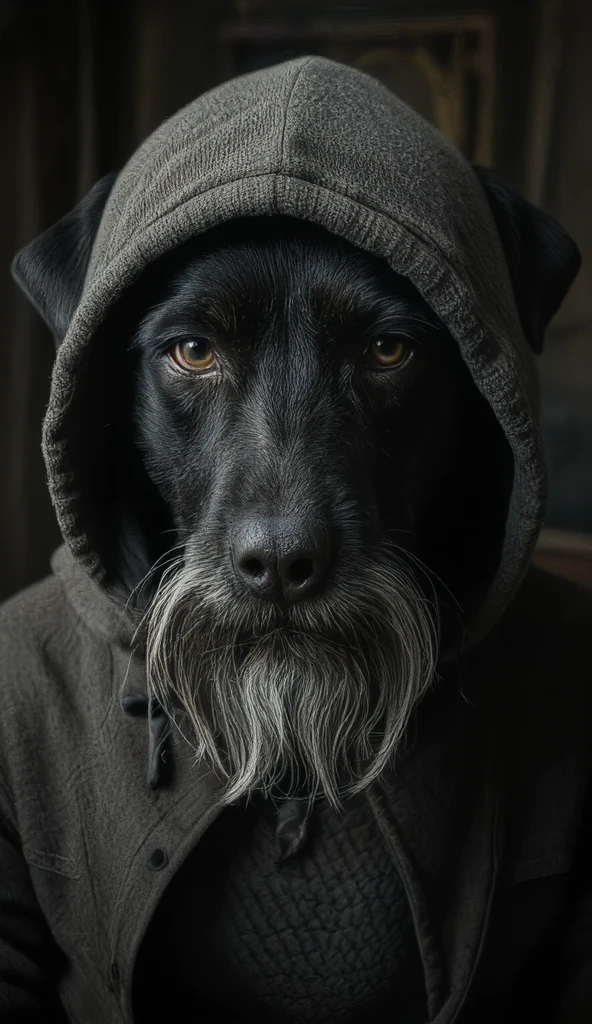 Dark mysterious dog portrait, wise eyes, gray hood, scraggly beard ...