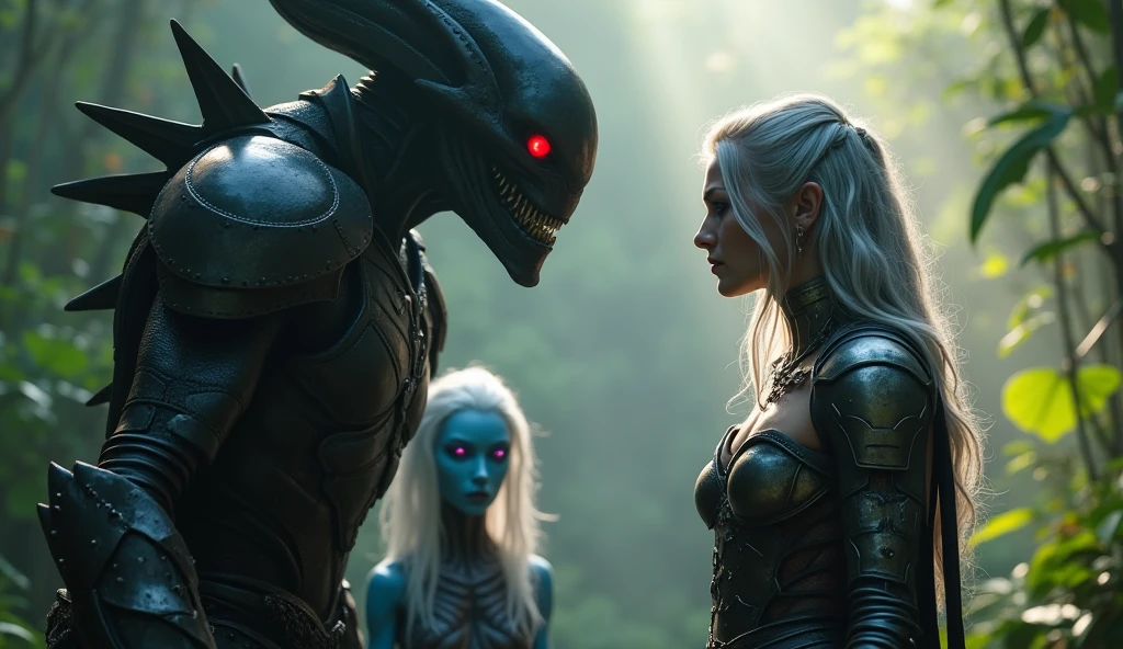 Cinematic fantasy confrontation. Center: a fearless human warrior in ...