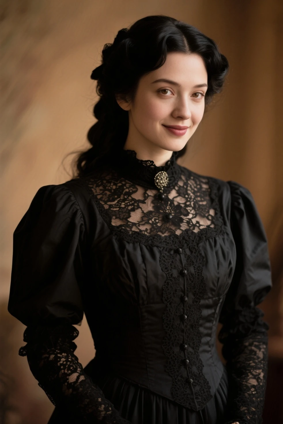 Black haired, dark eyed witch subtly smiling in black Edwardian dress ...