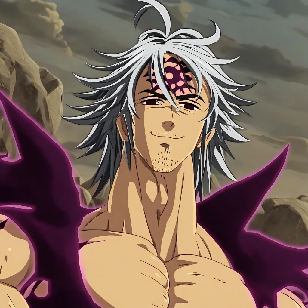 Estarossa, messy spiky white hair, tall muscular man, empty eyes ...