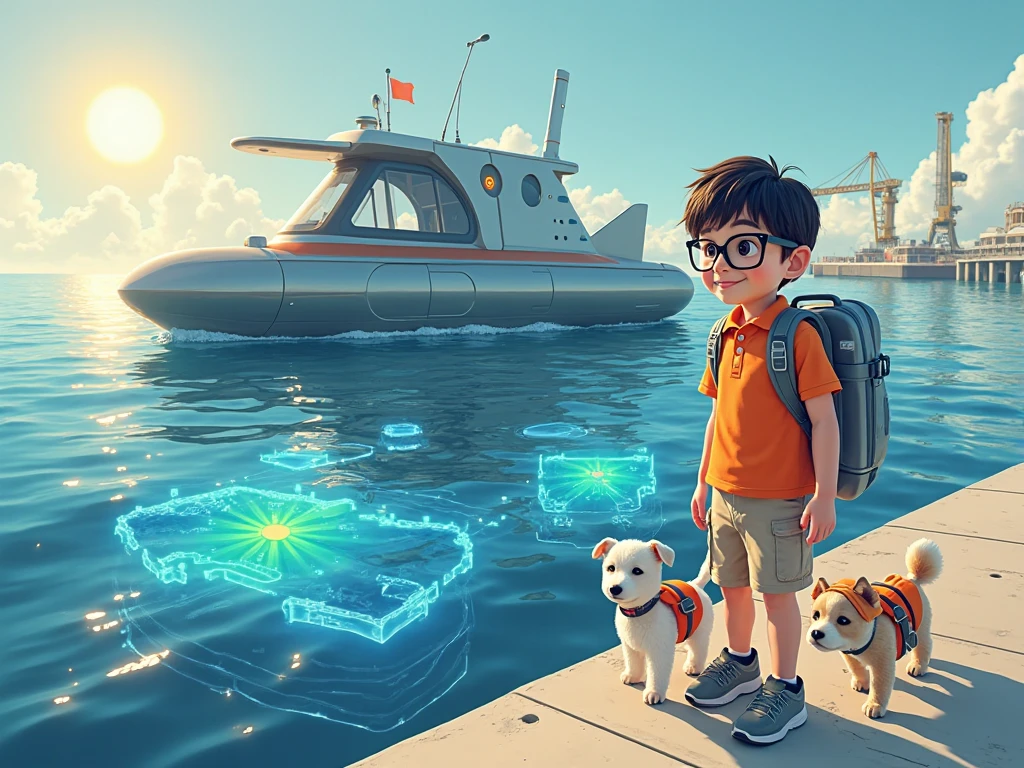 Under a bright golden morning sun, at the sleek futuristic harbor ...