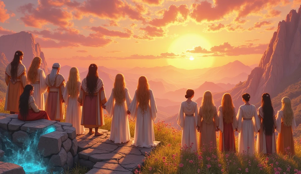 "Draw a heartwarming scene where the entire village — men, women ...