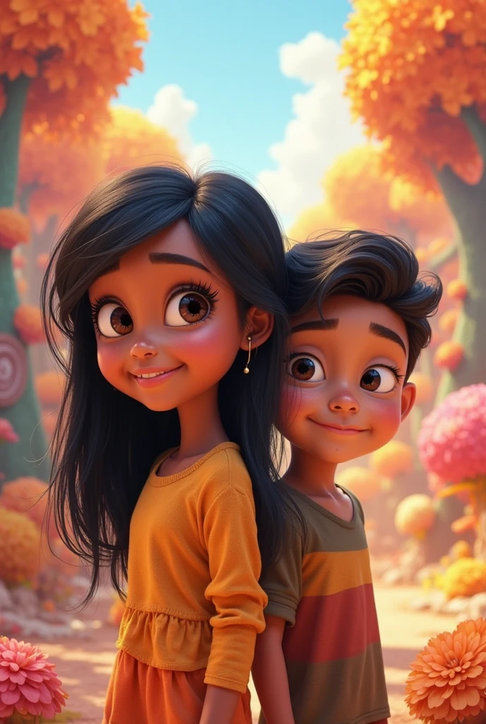 Pixar-type poster of a light brown girl with straight black hair dark ...