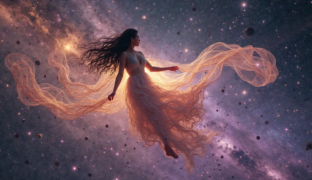 A celestial woman drifts in a zero-gravity space ocean, her body ...