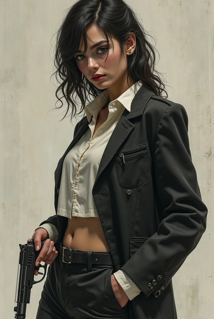 Half-body image of a girl with her left hand on her waist and her right ...