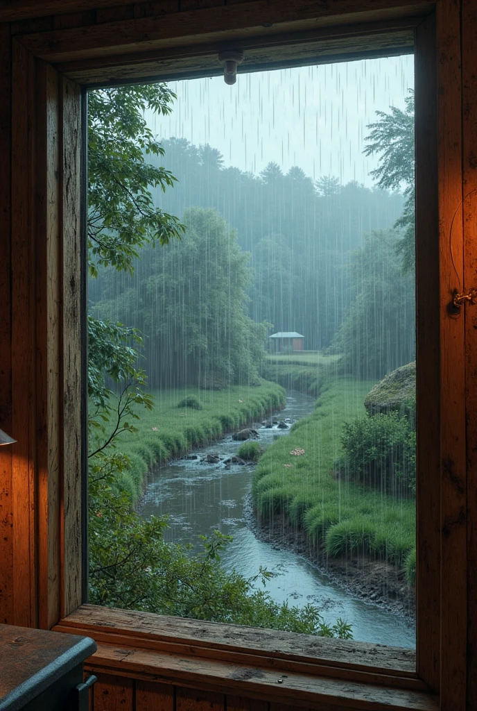Create an image of rain at dusk seen from inside a country residence on ...